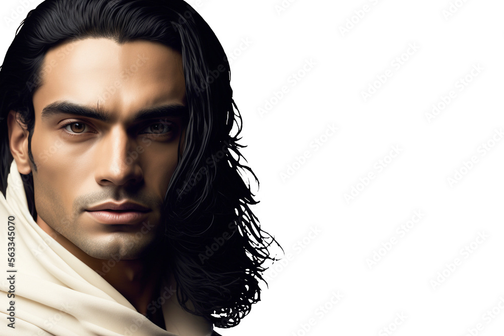 Close-up portrait of a handsome young hispanic / latino man with long ...