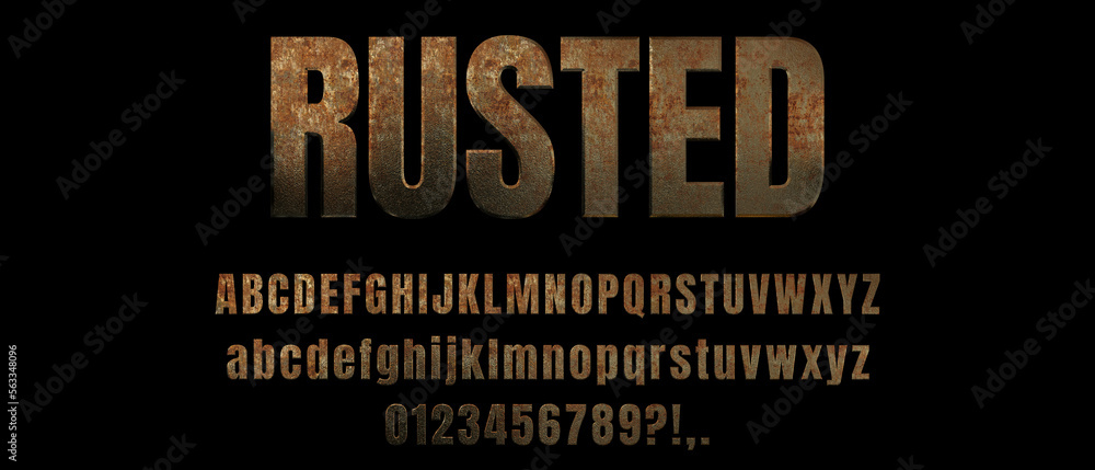 Rusted metal font design with uppercase lowercase letters and numbers ...