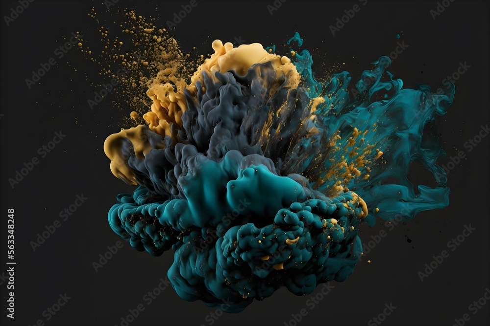 oil explosion dark teal blue gold photo realistic black background ...