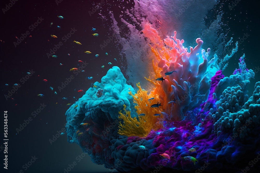 ภาพประกอบสต็อก Coral reefs in the sea, small tropical fish, exploding ...