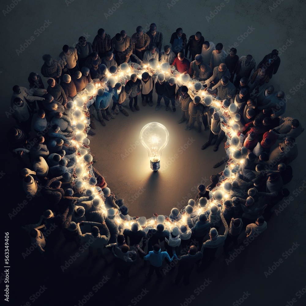 a group of people standing in a circle with a light bulb in the middle ...