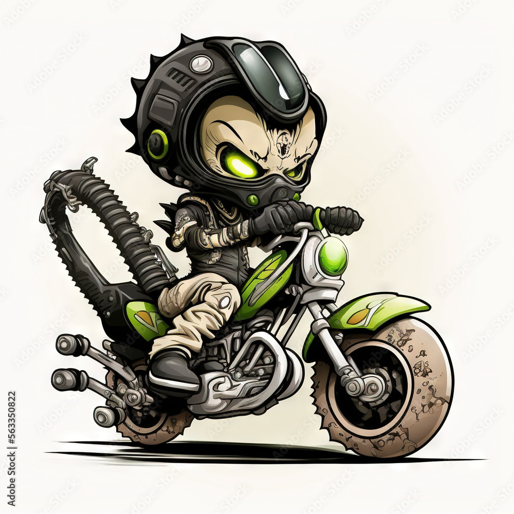 a cartoon character riding a motorcycle with a helmet on and a gas mask ...