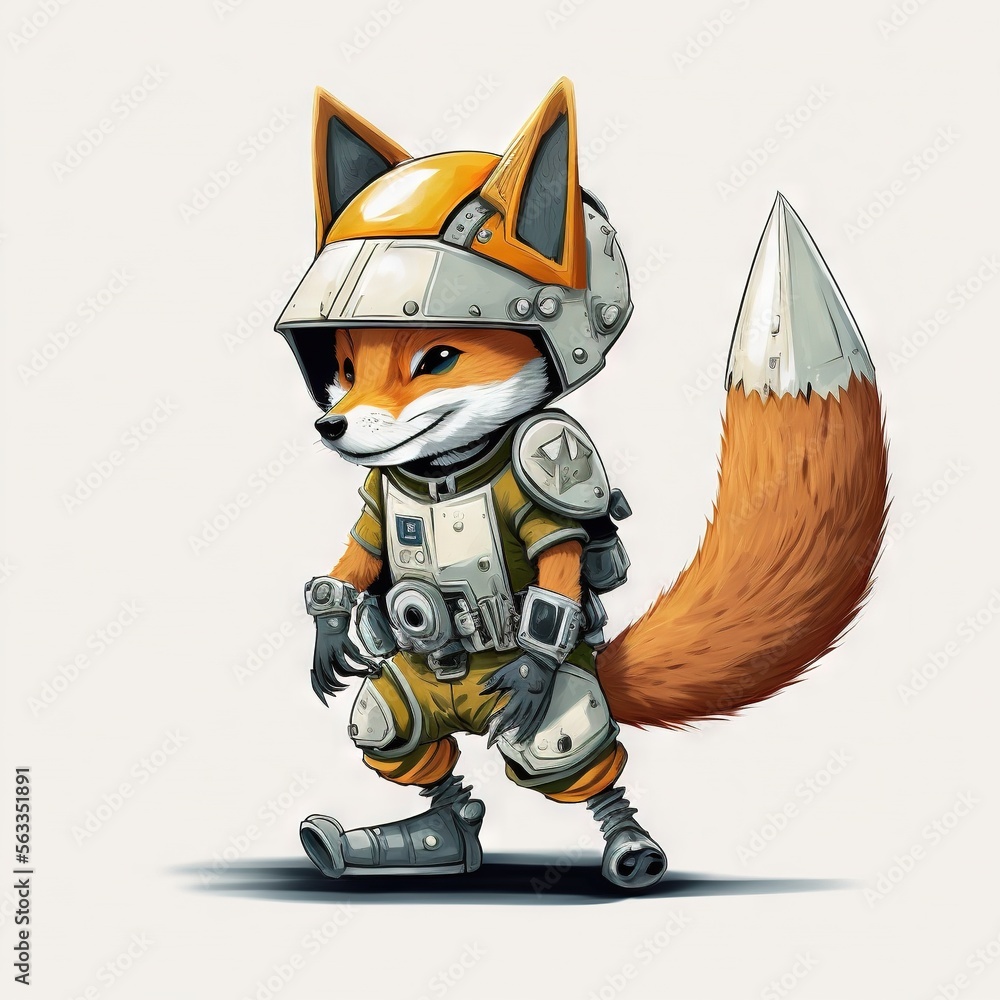 a fox in a space suit with a rocket on its back and a rocket on its ...
