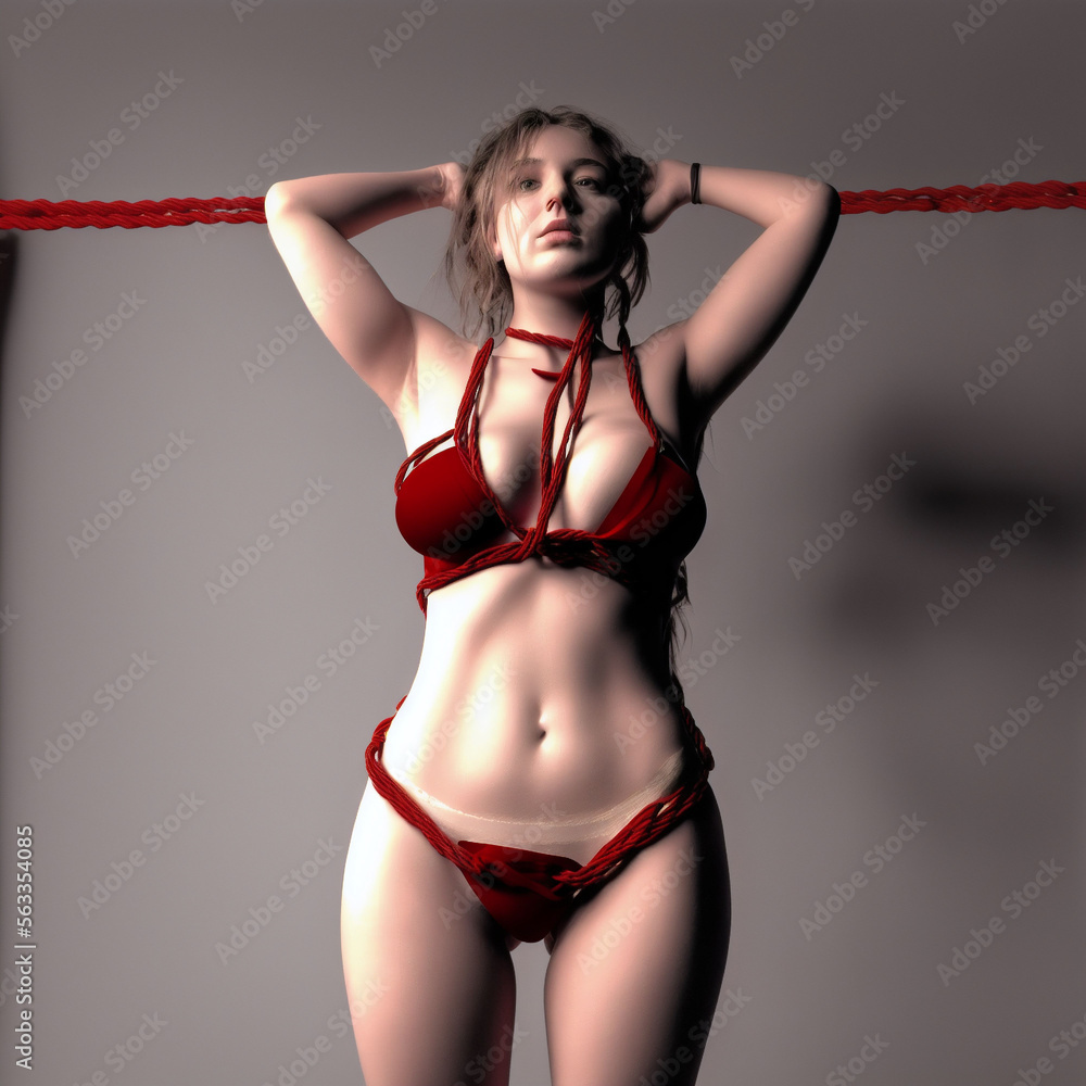 Woman tied with ropes in bondage. Woman is bondage shibari. Shibari art illustration. Sexy white ...