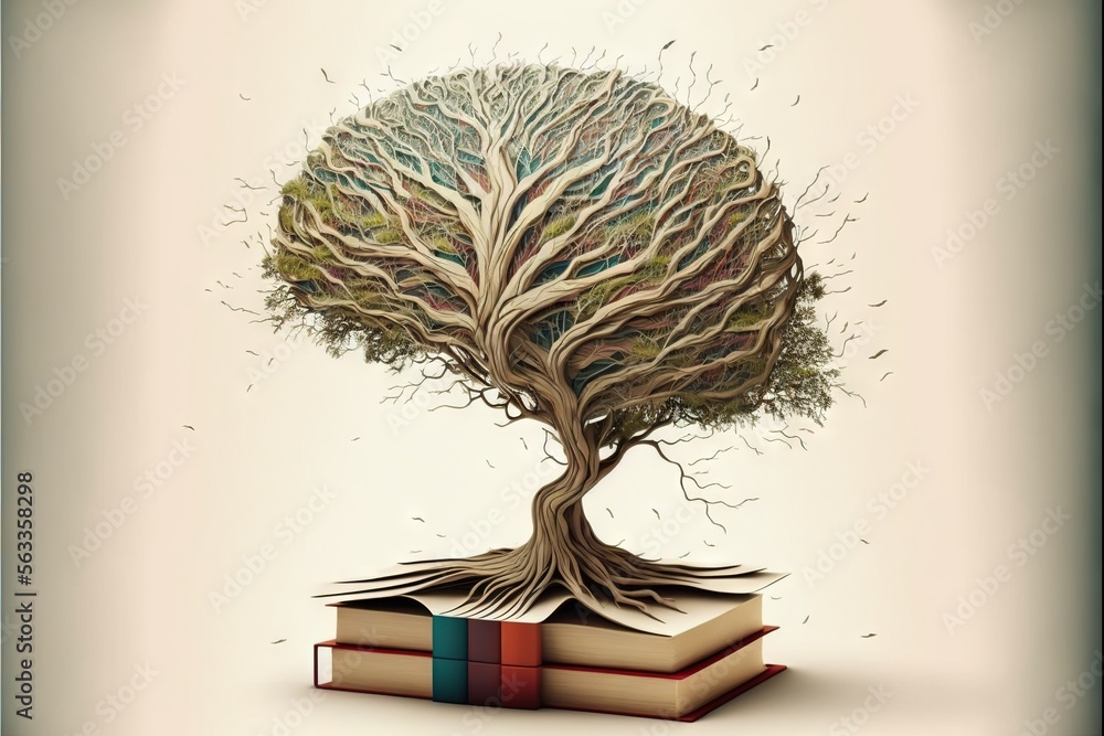 a tree with roots growing out of a book with a white background and a ...