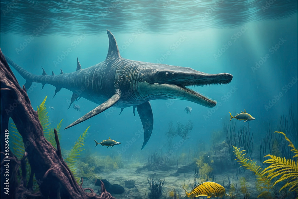 Liopleurodon in native habitat eating with background. Generative AI ...