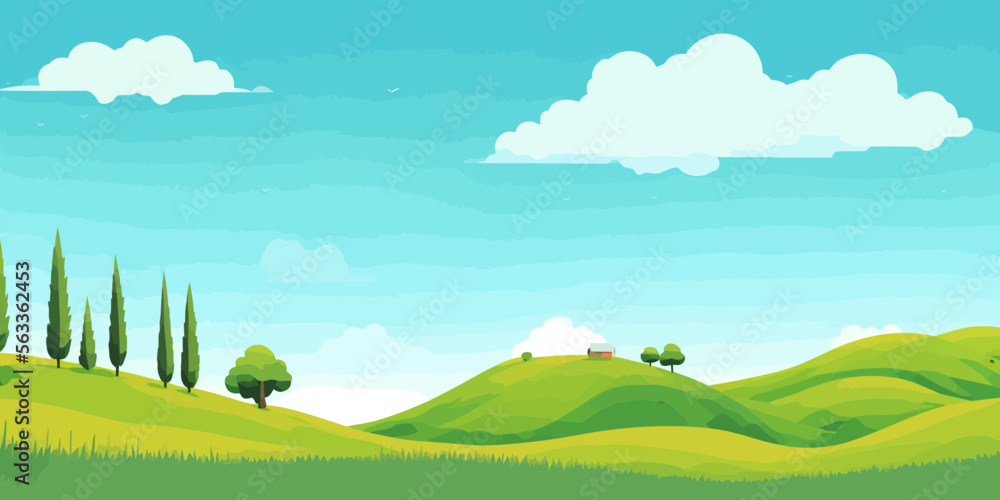Vector illustration of beautiful summer fields landscape, green hills, bright color blue sky ...