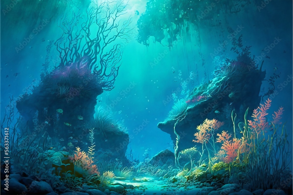 Colorful sea background with blue water boulders and seaweed in cartoon ...