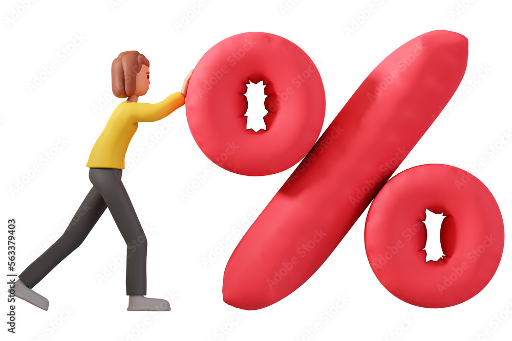 3d illustration of woman pushing giant percent sign isolated on white ...