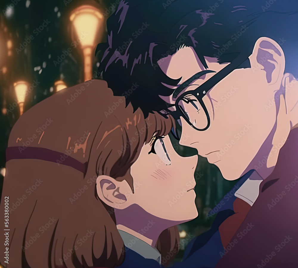 Anime style cartoon illustrations of Valentine romance, kissing, kisses ...