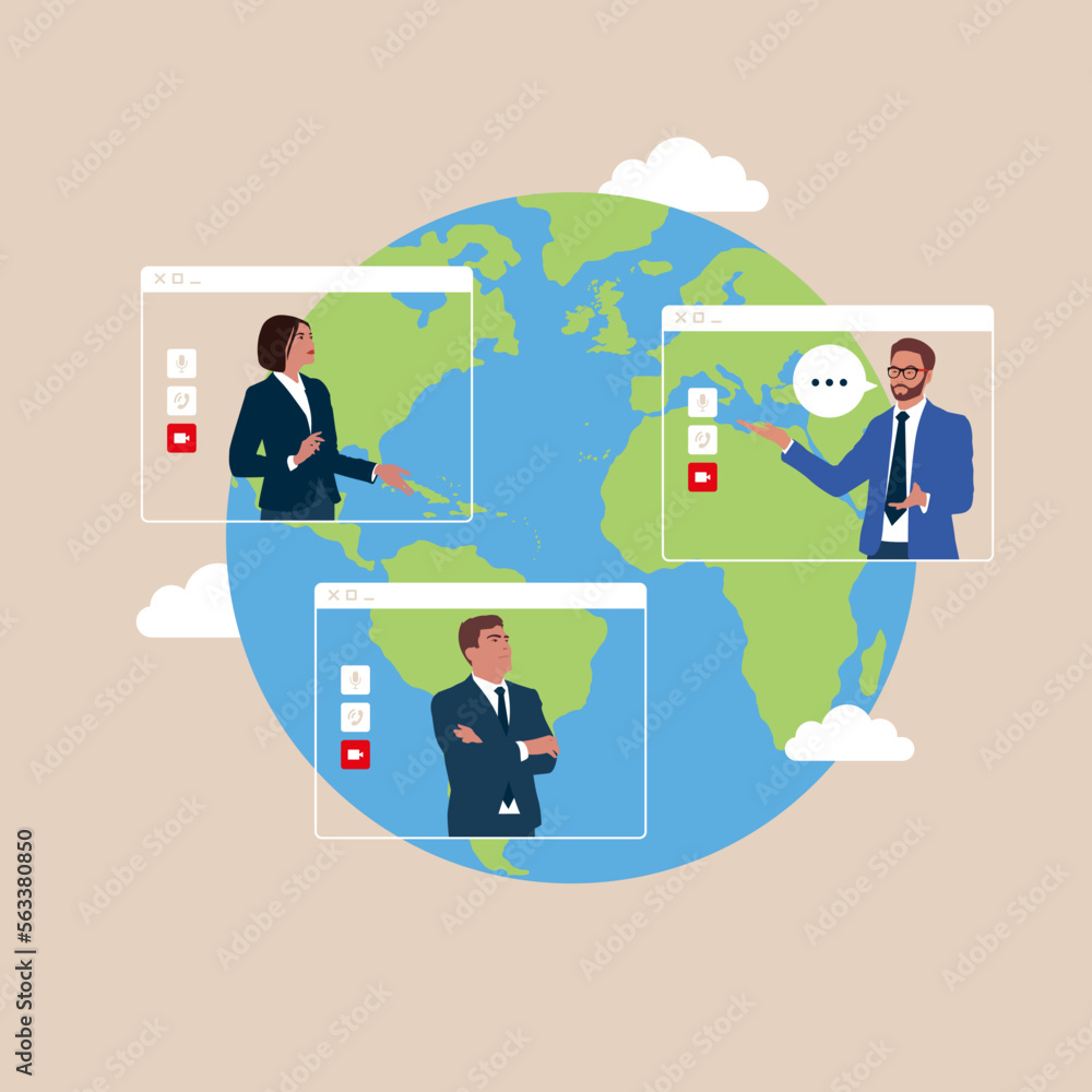 Work remotely, Long distance communication. Earth globe with location ...