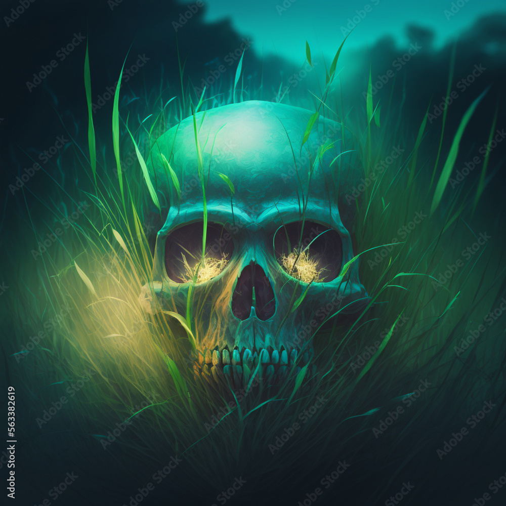 skull with glowing eyes in dense grass, digital art style, illustration ...