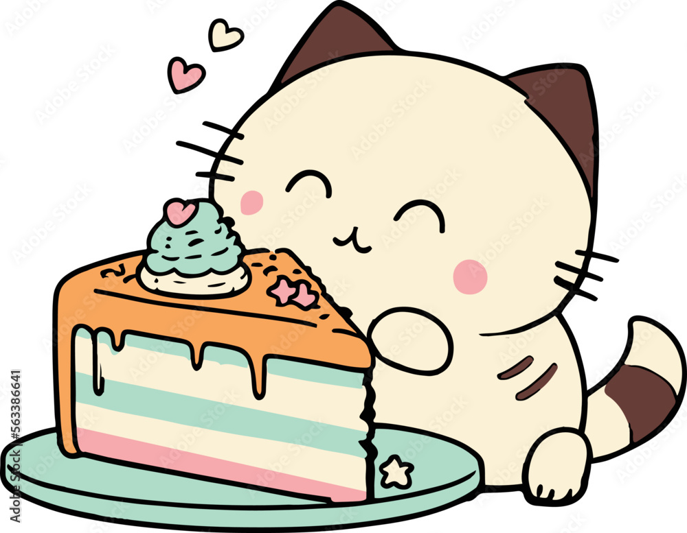 Funny Cat Eating Cake Clipart Cat Kawaii EPS Cat Stickers PNG Stock ...
