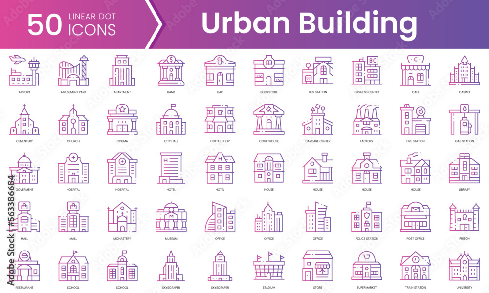 Set of urban building icons. Gradient style icon bundle. Vector ...