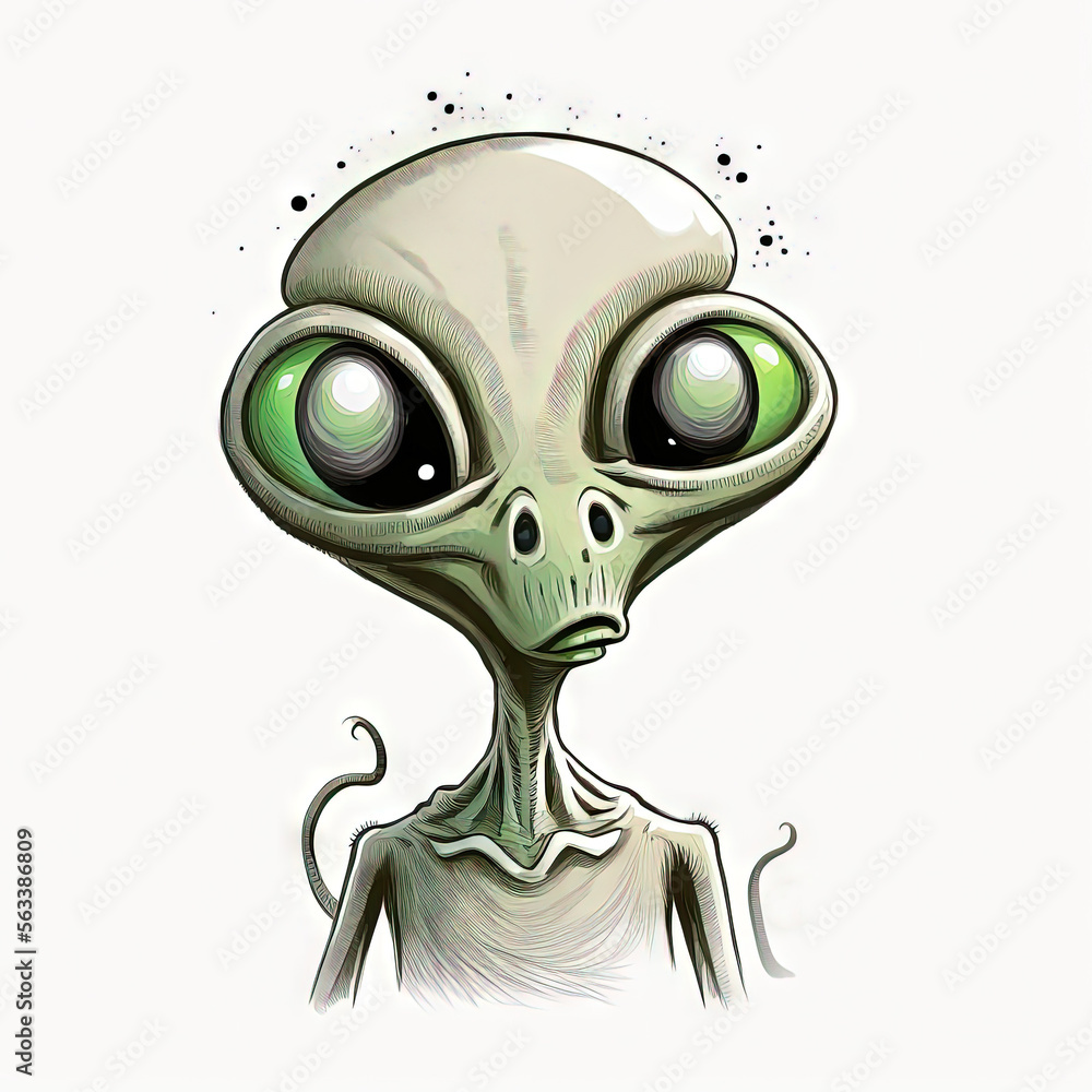 a drawing of an alien with green eyes and a white background with a ...