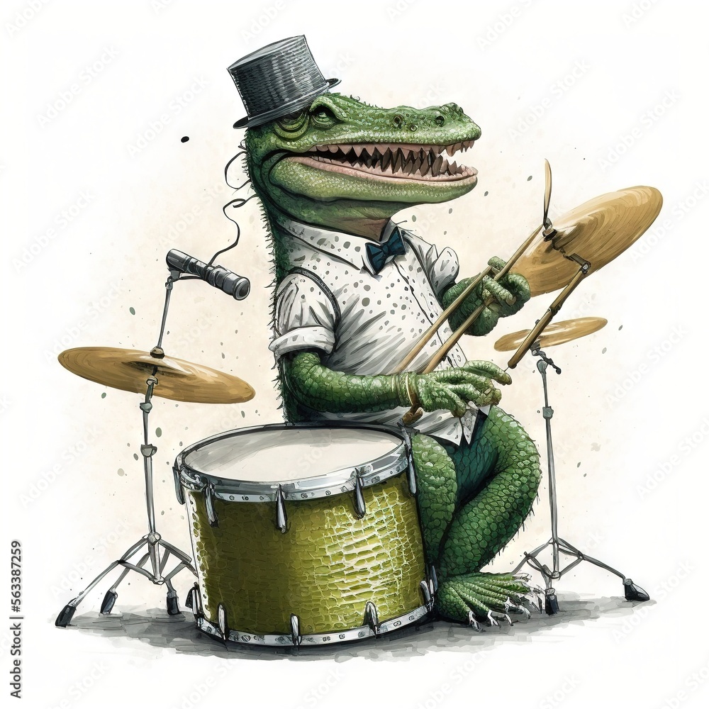 a crocodile drummer with a top hat and a drum set in front of him, with ...