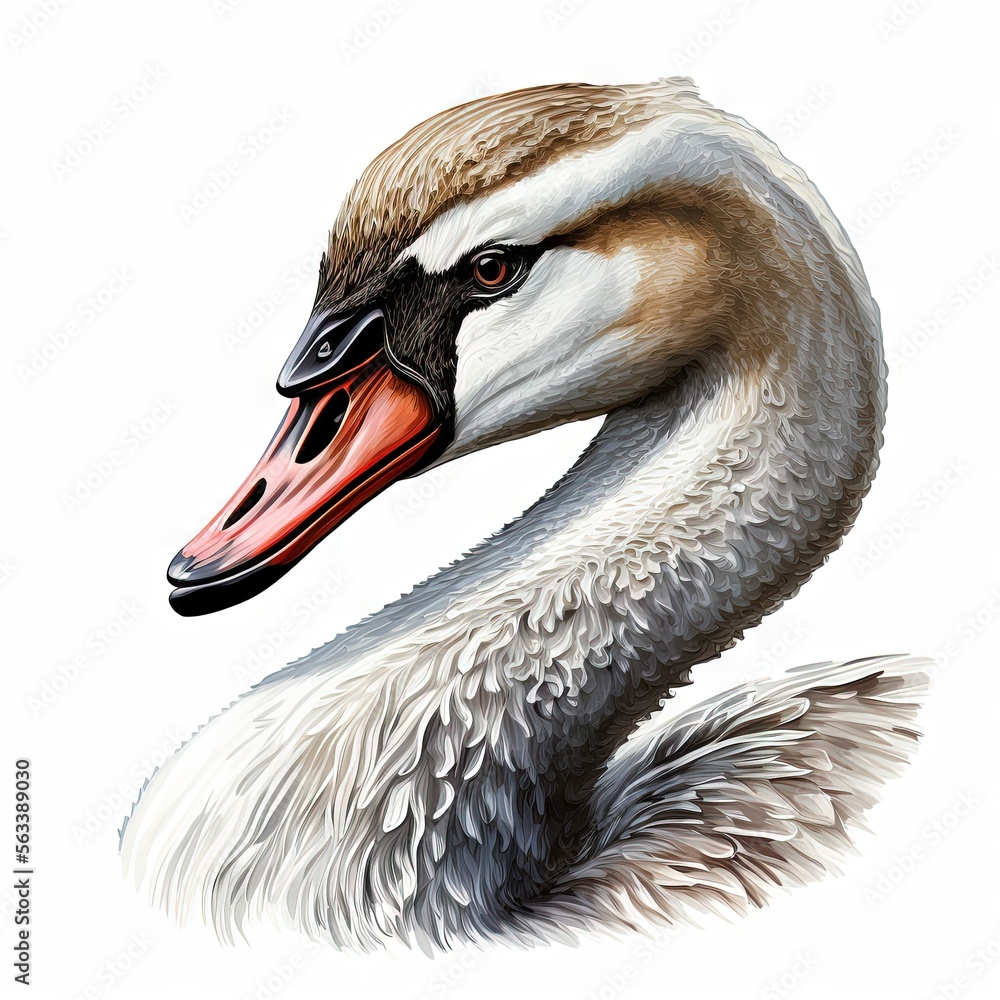 a drawing of a swan with a red beak and a black head and neck, with a ...