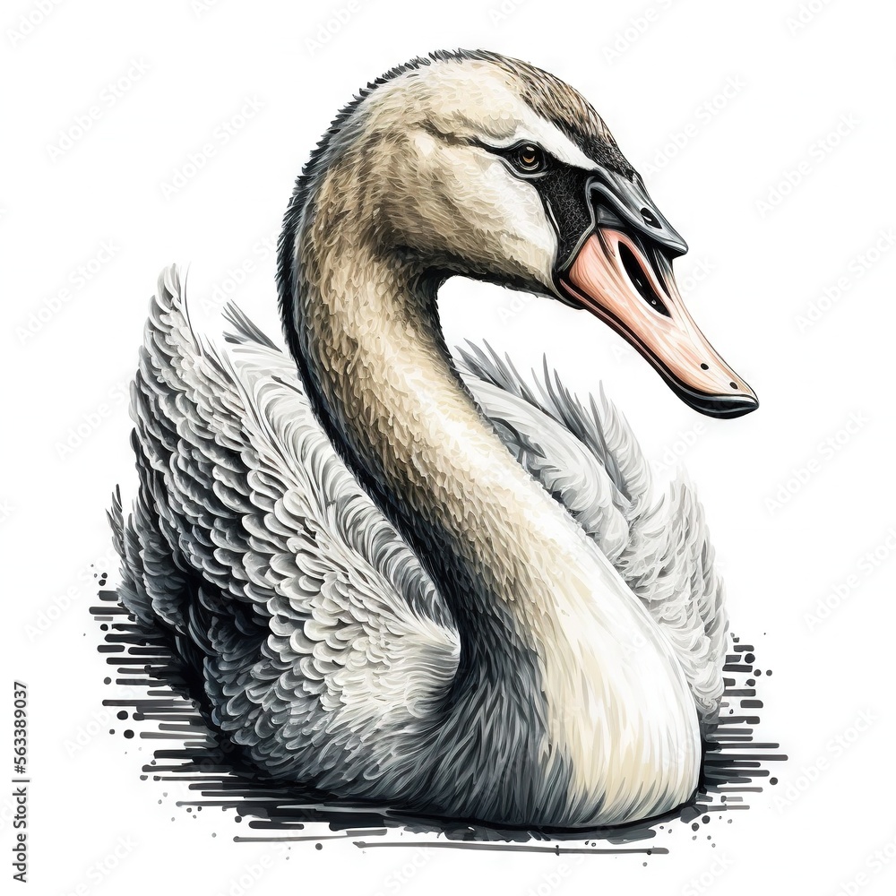 a drawing of a swan with a long neck and a large beak, sitting on the ...