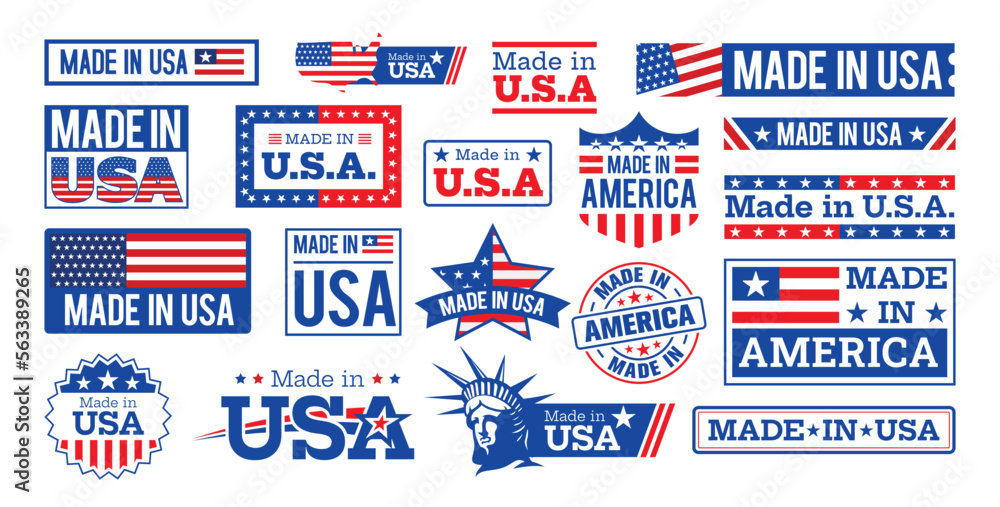 Red and blue colored Large set of Made in USA labels, emblem, sticker ...