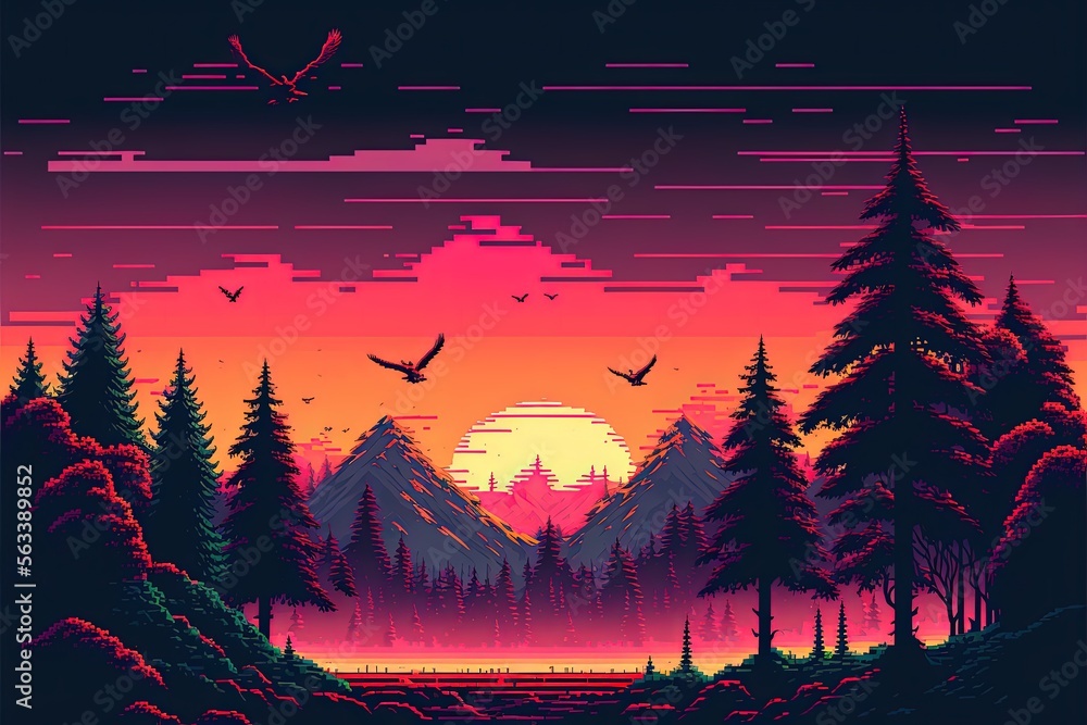 Pixel art natural landscape with 80s colors with trees, lake and ...