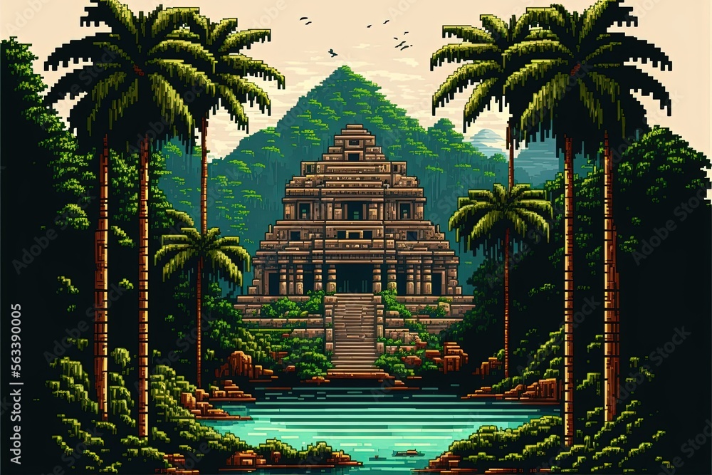 Pixel art Mayan temple, ancient Mayan pyramid in the forest, background ...