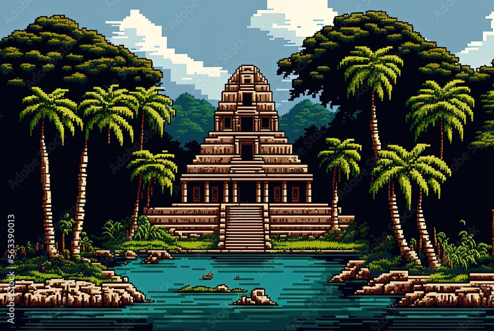 Pixel art Mayan temple, ancient Mayan pyramid in the forest, background ...