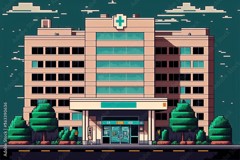 Pixel art hospital, hospital front facade, background in retro style ...
