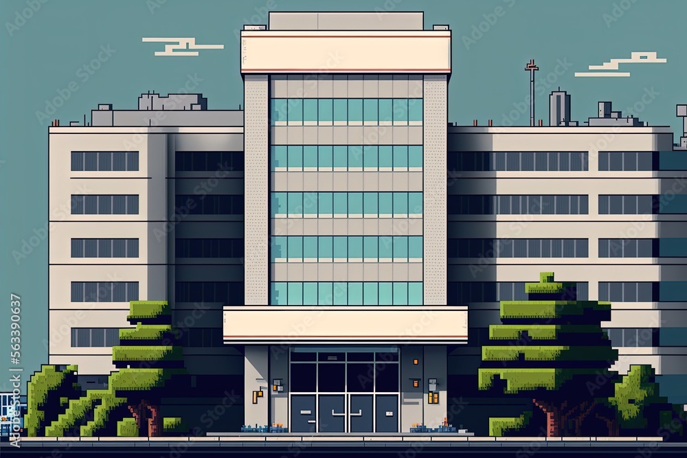 Pixel art hospital, hospital front facade, background in retro style ...