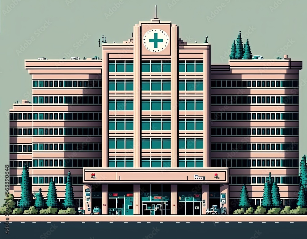 Pixel art hospital, hospital front facade, background in retro style ...