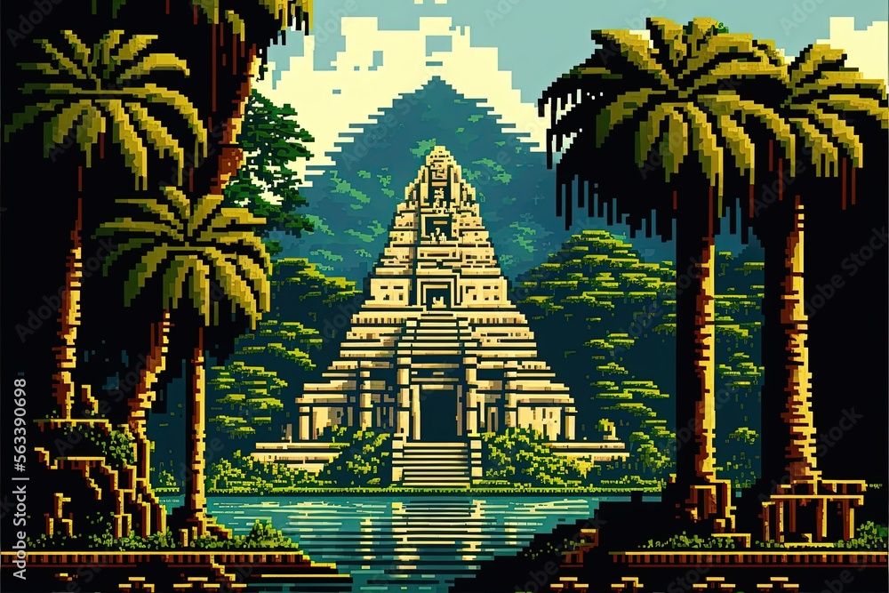 Pixel art Mayan temple, ancient Mayan pyramid in the forest, background ...