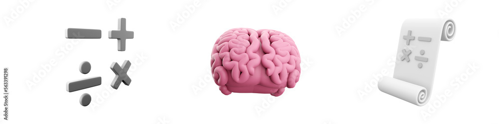 3d render mathmetical operations, brain, paper roll icon set on white ...