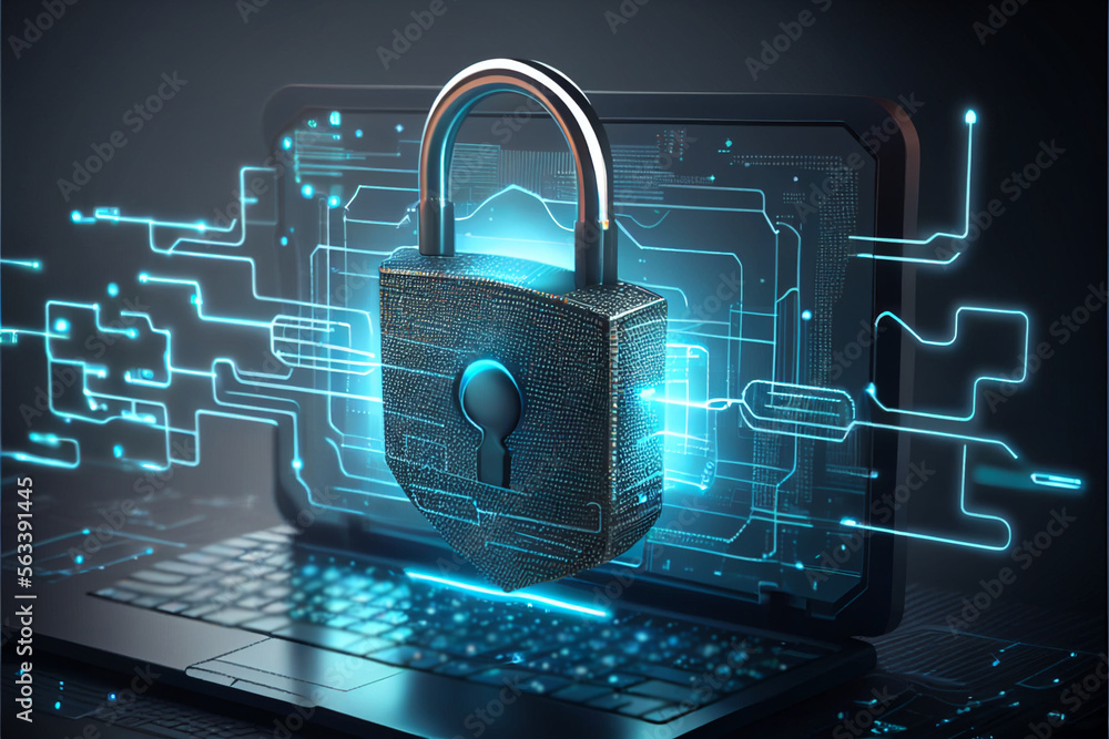 Cybersecurity and data privacy illustration with high-tech padlock ...
