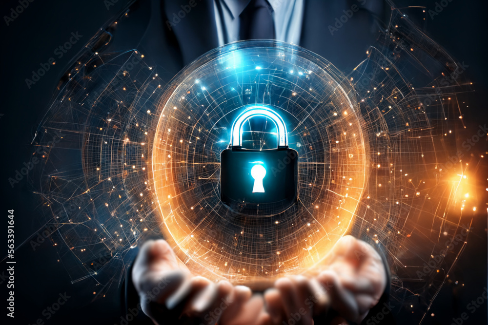 Cybersecurity illustration of businessman with a high-tech padlock and ...