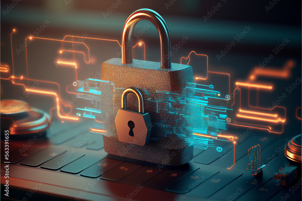 Cybersecurity illustration with high-tech padlock protecting a laptop ...