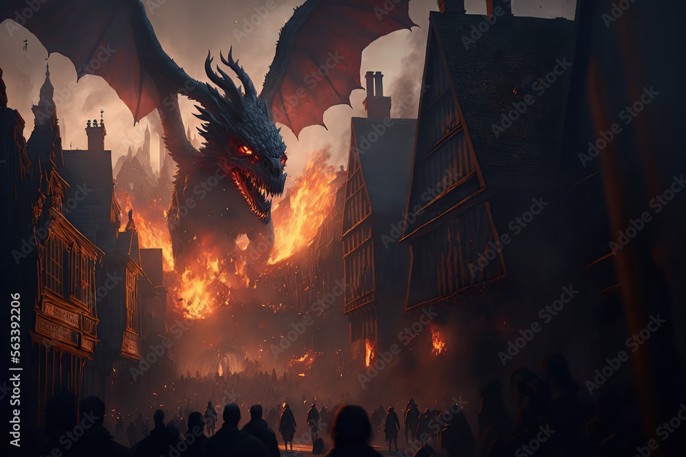 dragon attacking the burning city. a crowd of people running scared ...