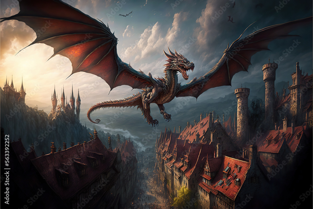 dragon flying over a medieval city, with houses and towers below it ...