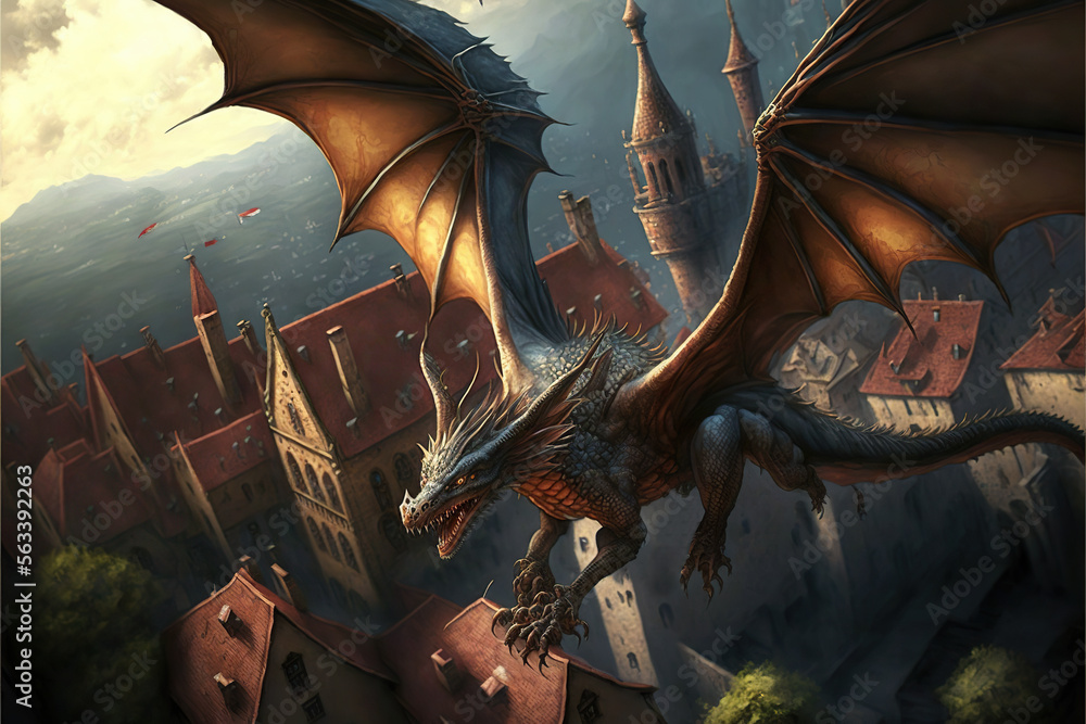 dragon flying over a medieval city, with houses and towers below it ...