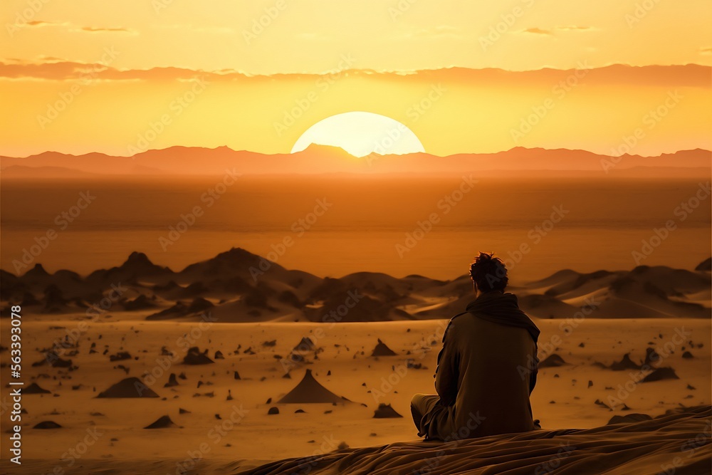 A lone male traveler sits in the middle of the desert and stares at the ...