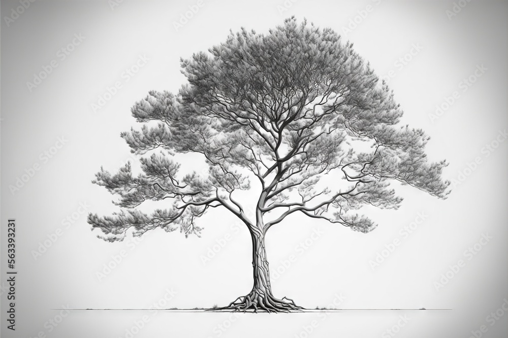 a drawing of a tree with a white background and a gray background with ...