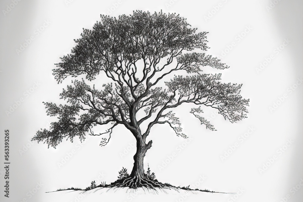 a drawing of a tree with a white background and a black and white photo ...