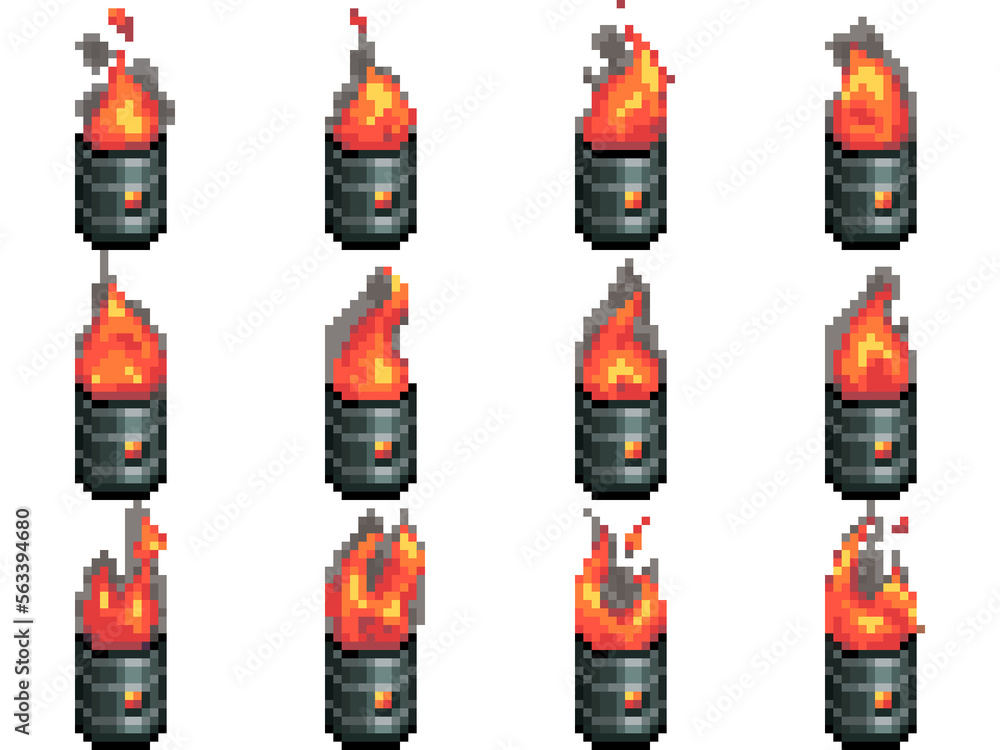 Set of pixel art green metal barrel fire sprite cyberpunk modern city ...