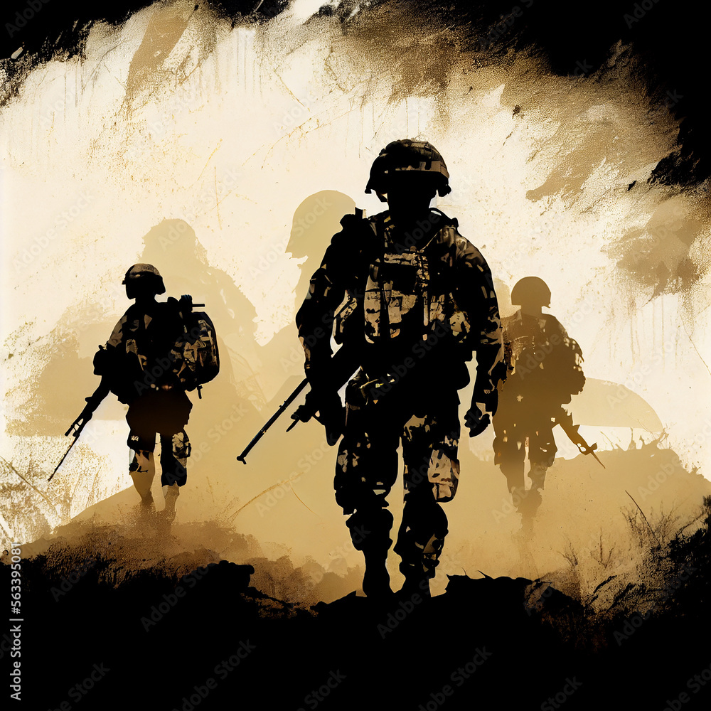 military training combat silhouette army soldiers generative ai Stock ...