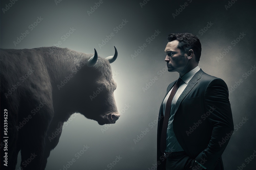 businessman facing a bull, dramatic lighting, stock market bull run ...