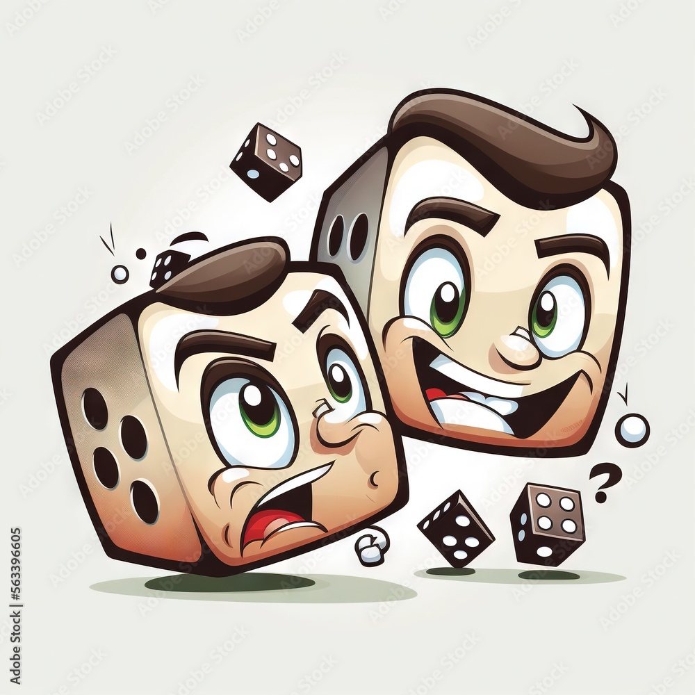 a cartoon dice with two faces and dices falling out of it's sides to ...
