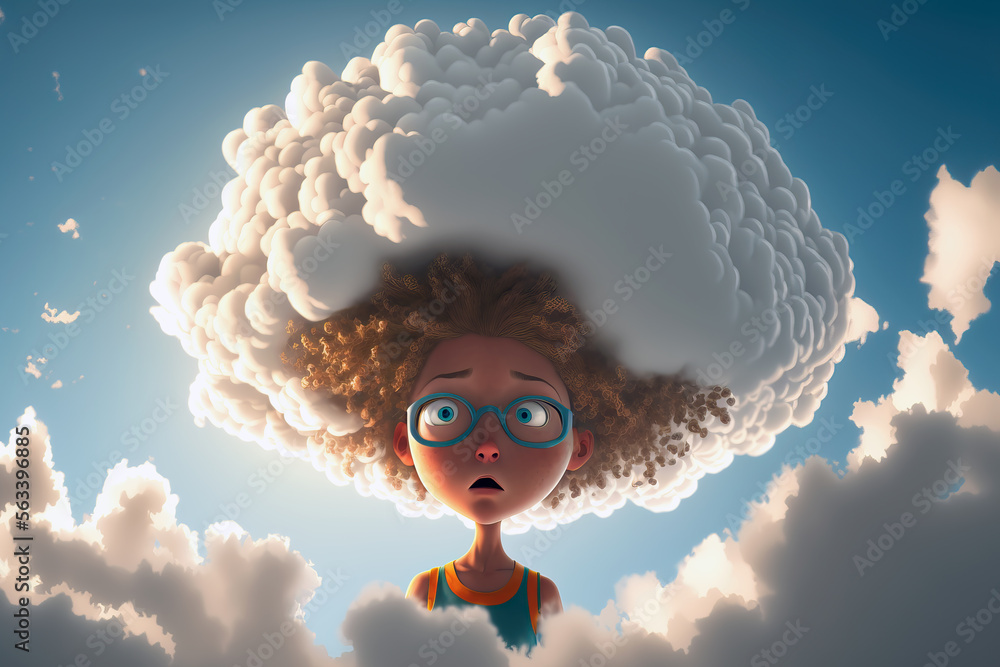 cartoon of girl with big cloud over her head, ai generated Stock ...