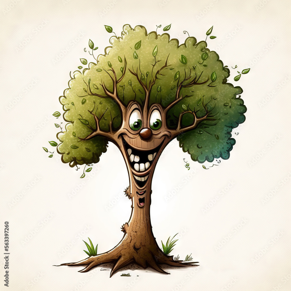 a cartoon tree with a happy face and green leaves on it's trunk, with ...