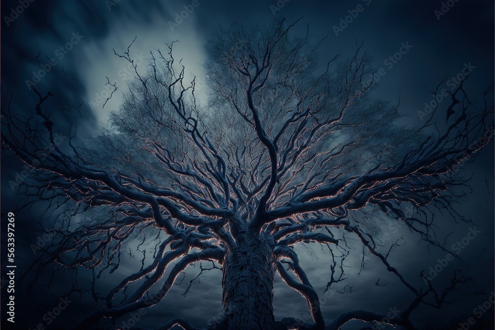 a tree with no leaves and no leaves on it in the dark night sky with a ...