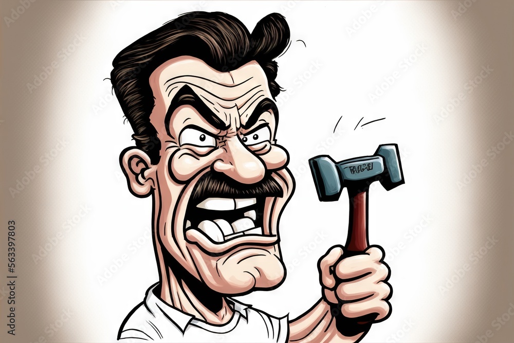 a cartoon man holding a hammer and screaming with his mouth open and a ...