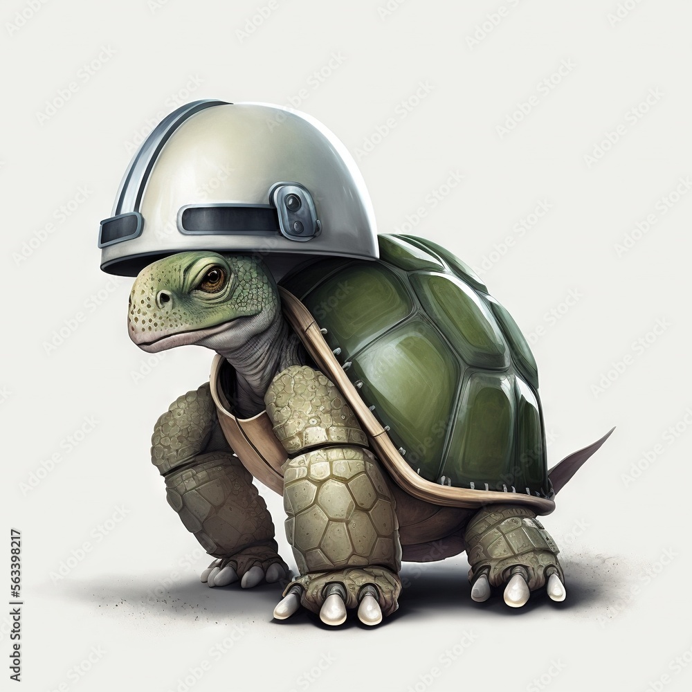 a turtle wearing a helmet and a helmet on its head is standing on one ...