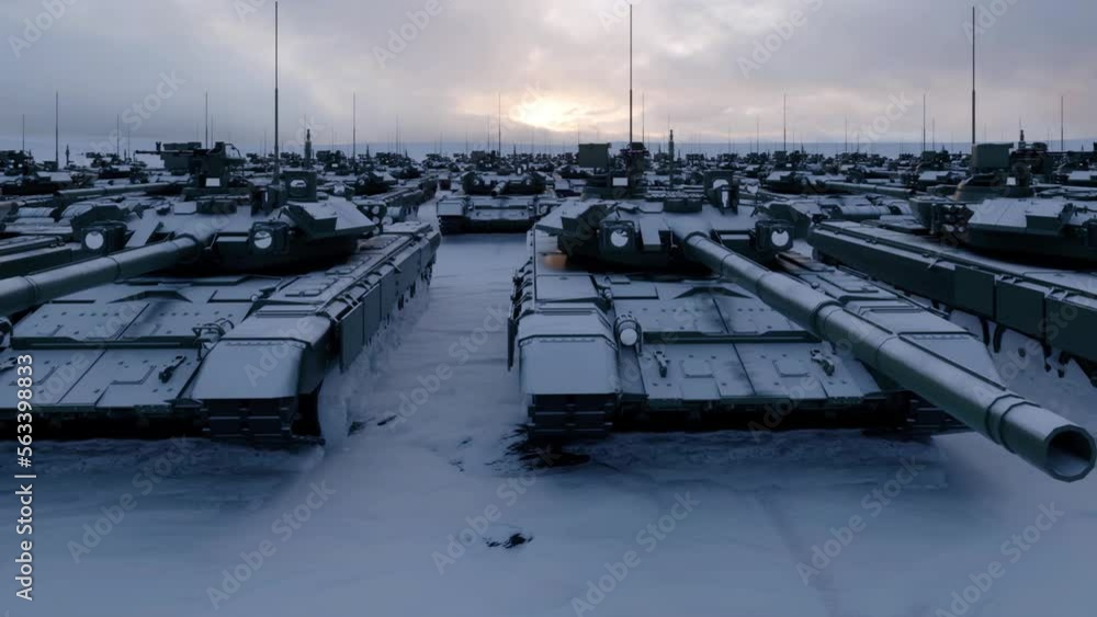 Military armored tanks immobilized and unable to move due to heavy snow ...